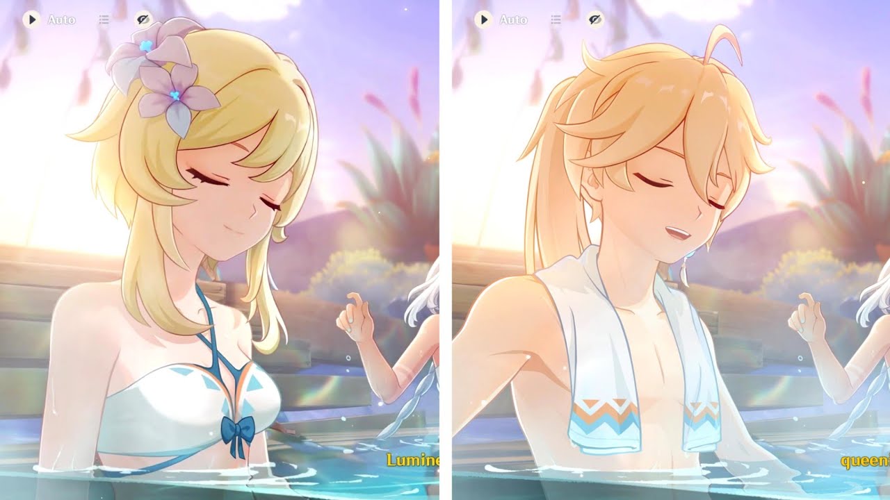 Lumine vs Aether Swimsuit Scene - YouTube