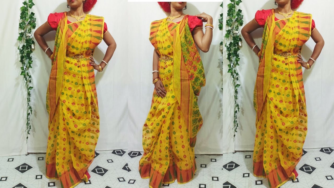 Beautiful bengali atpoure saree Draping Tutorial// Jamdani Saree ...