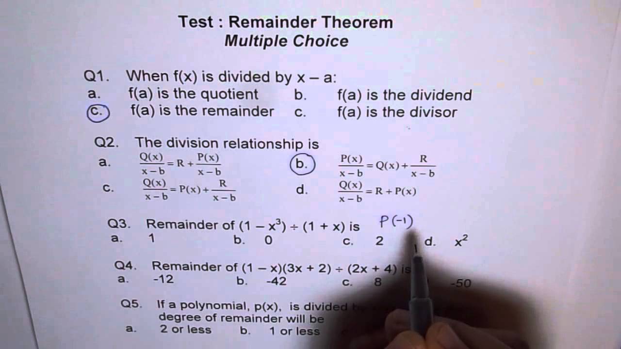 Remainder Theorem Multiple Choice Q1 to Q5 - YouTube
