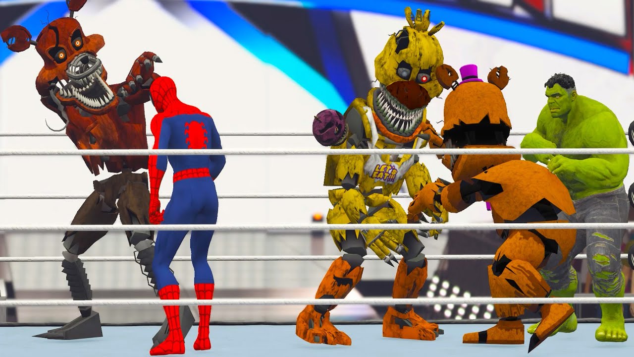 New Spiderman vs Nightmare Foxy vs Chica vs Big Hulk vs FNAF Freddy ...