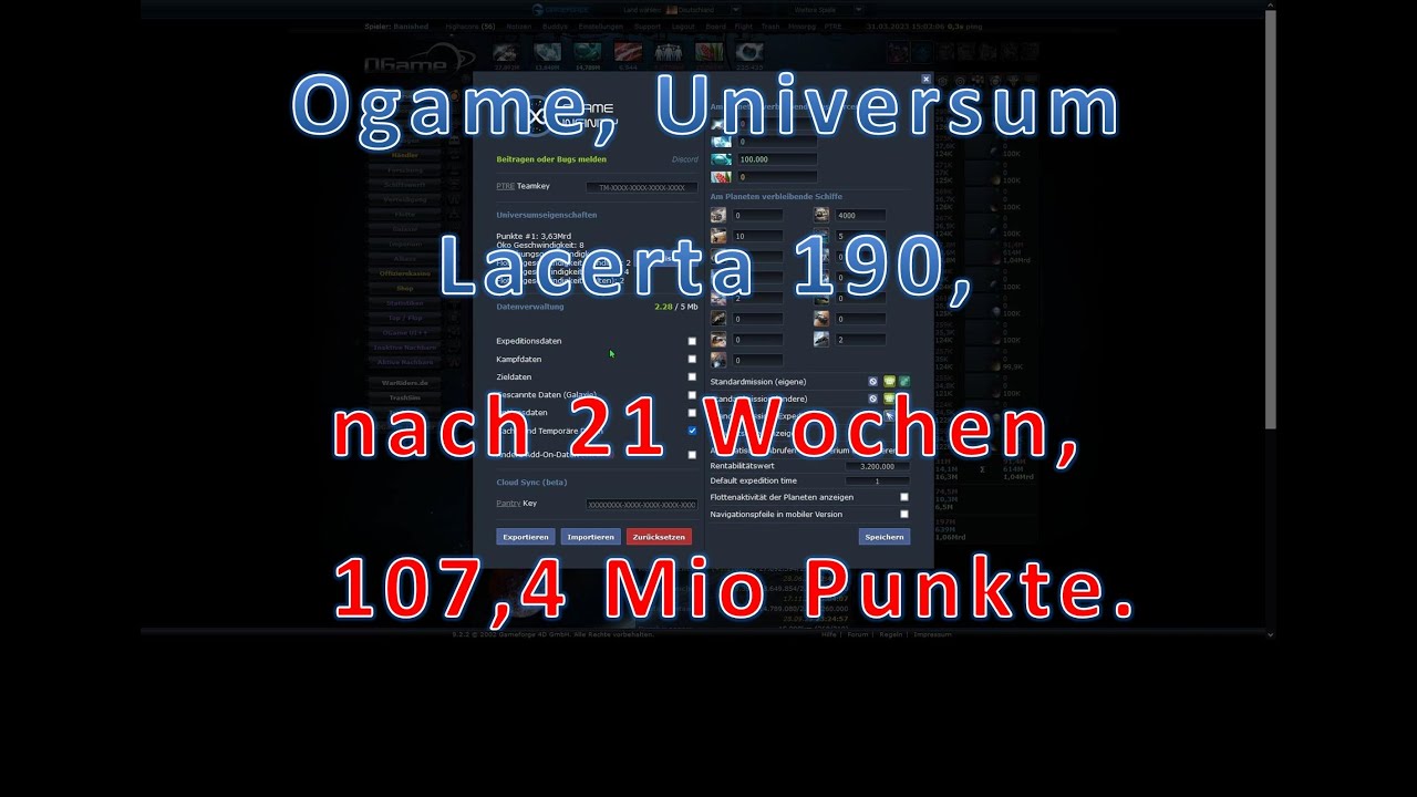 Ogame, Uni Lacerta 190, nach 21 Wochen, 107,4 Mio Punkte. Ogame ...