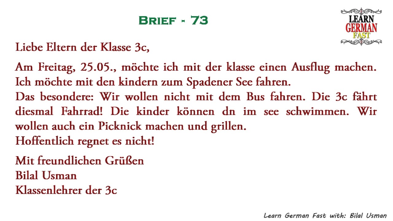 Learn German with Bilal:- German Brief 73 - A1, A2, B1, B2, C1, C2 ...