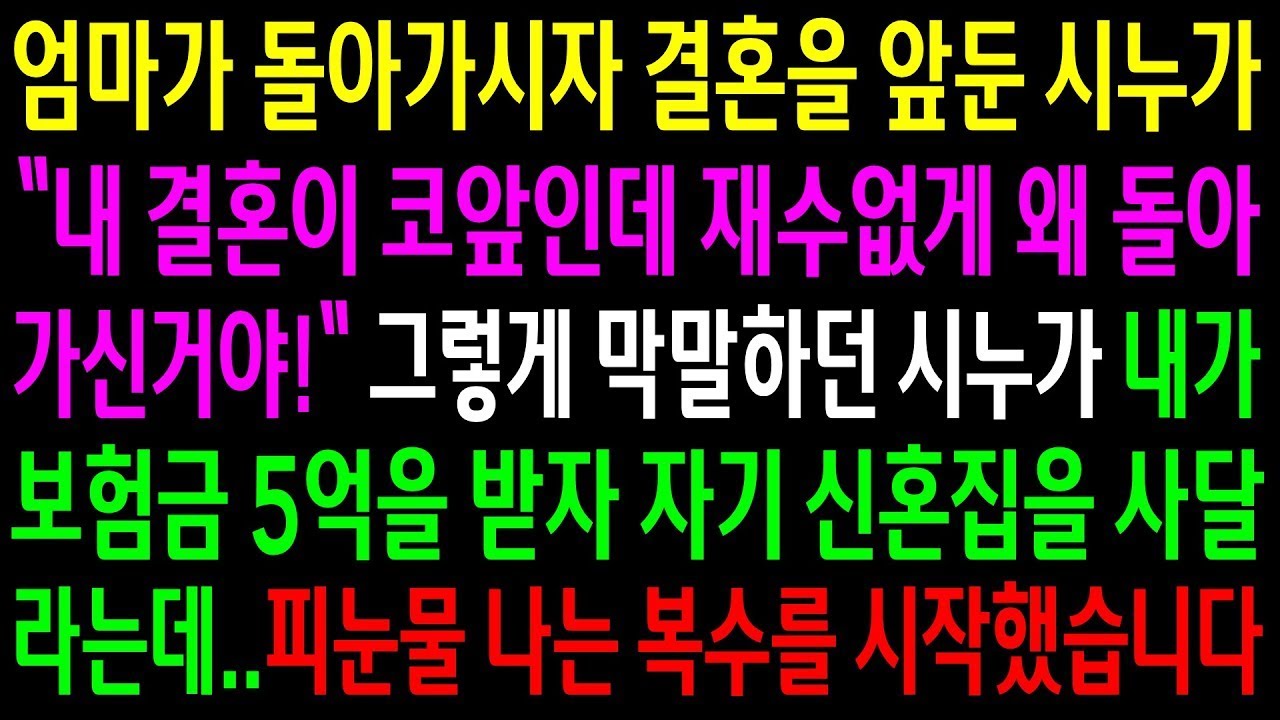 반전사연엄마가 돌아가시자 결혼을 앞둔 시누가 재수없다는데 내가 보험금 5억을 받자 자기 신혼집을 사달라는 시누한테 역대급 한방을 먹이는데신청사연사이다썰사연라디오 Youtube