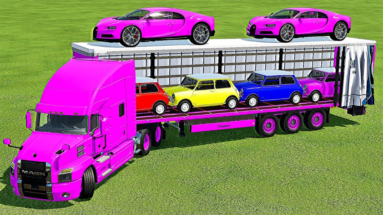 TRANSPORTING BUGATTI CHIRON & MINI COOPER CARS WITH MACK TRUCK! Farming ...