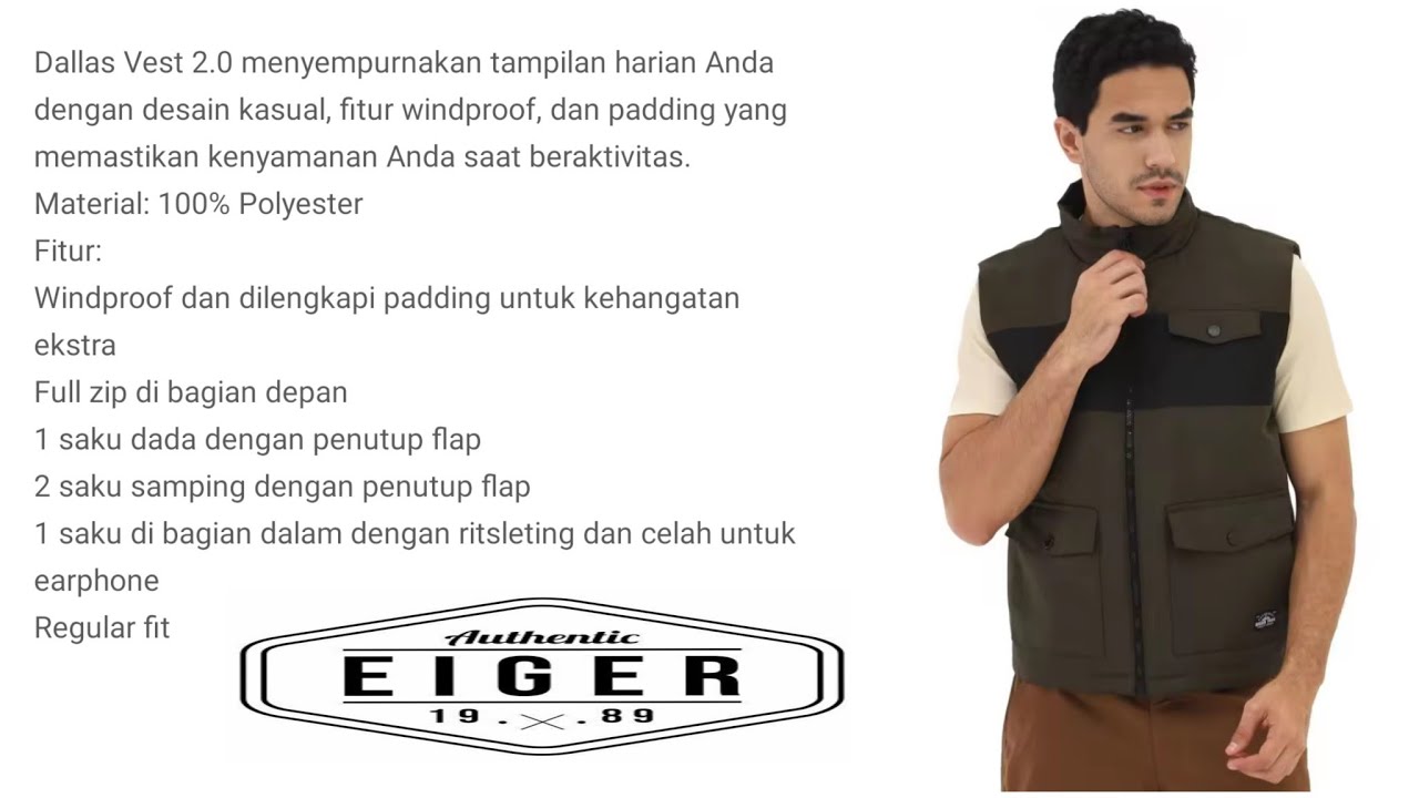 EIGER DALLAS VEST 2.0 1989 OLIVE || 910007287 || ROMPI WINDPROOF HARIAN ...