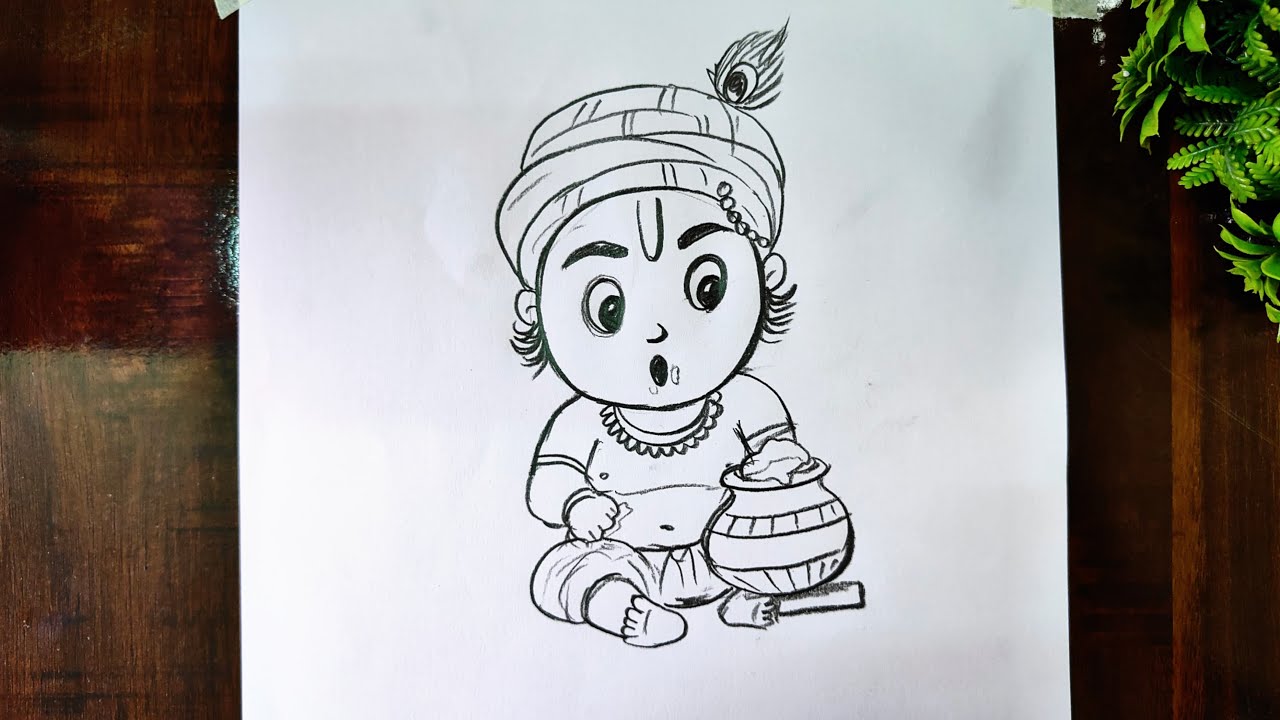 Line Art Of Cute Bal Krishna With Makhana, How To Draw Little Krishna ...