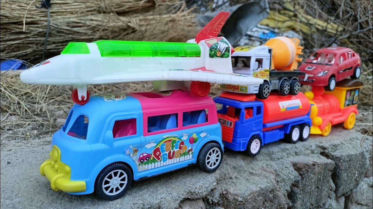 Satisfying toy cars, train, track, school bus, aroplane cement mixer ...