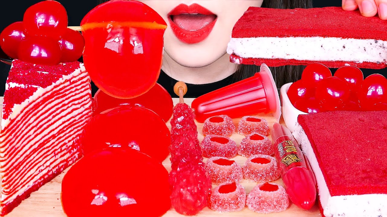 ASMR RED DESSERTS 빨간색 디저트 먹방 CREPE CAKE, JELLY, POPPING BOBA, ICE CREAM ...