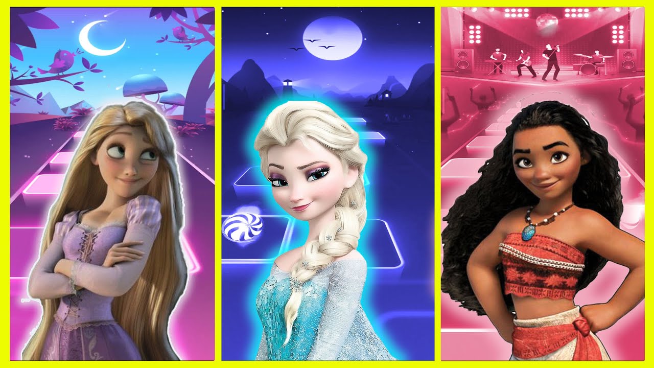 Dance of Rapunzel vs Elsa vs Moana met in Tiles Hop EDM Rush - YouTube