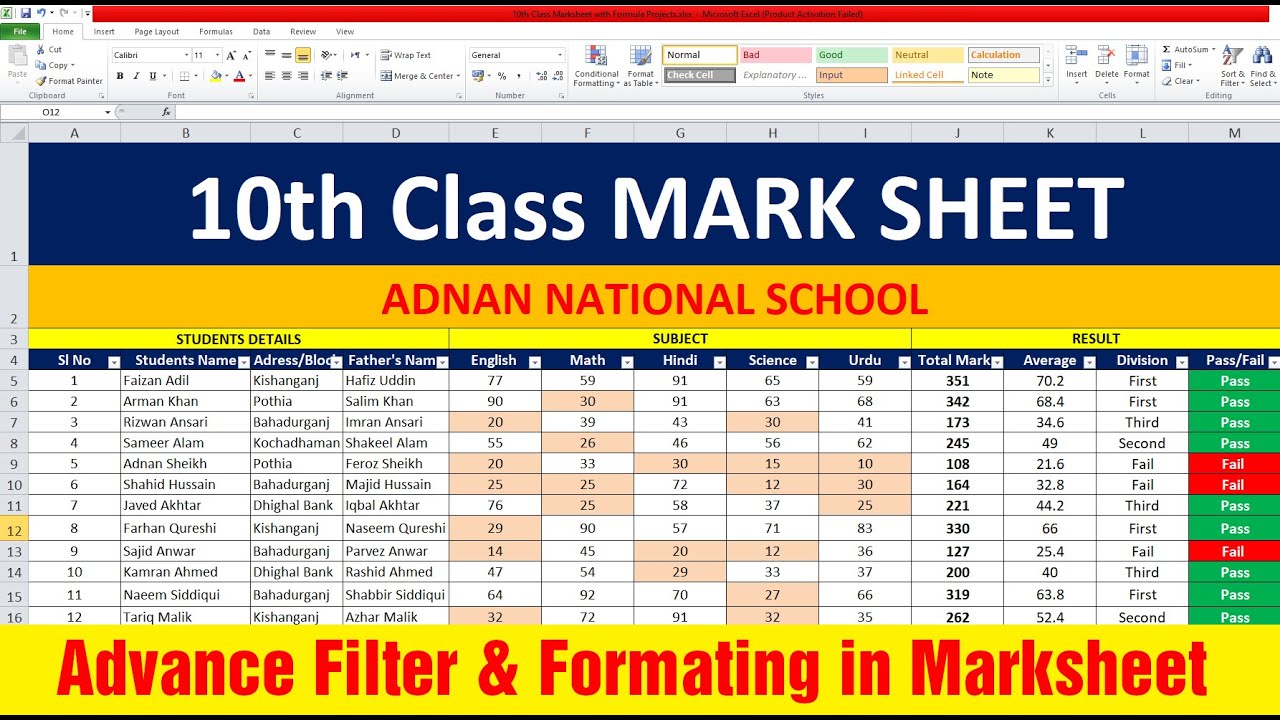 Advance Filter & Conditional Formatting in Excel | Marksheet Example ...