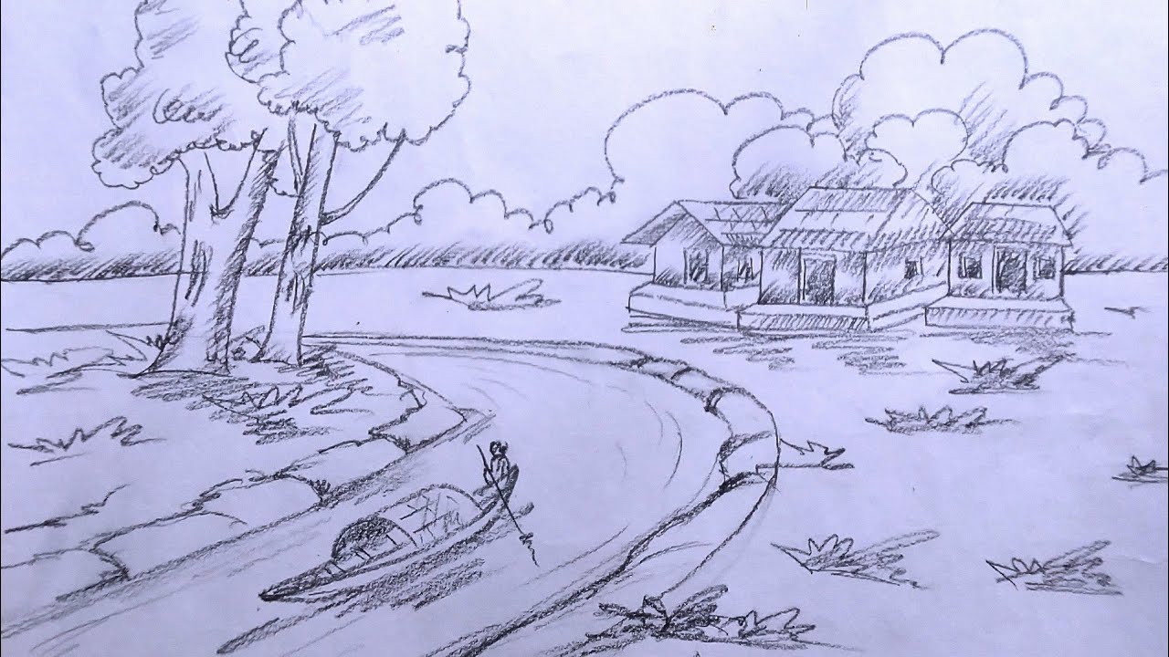 খুব সহজে নদী আর নৌকা ছবি আঁকা how to drawing or pencil sketch easy and ...