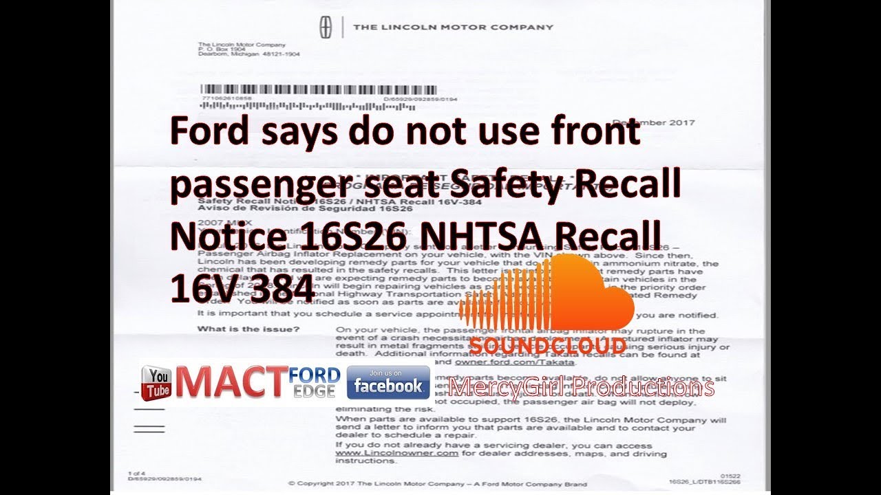 Ford says do not use front passenger seat Safety Recall Notice 16S26 ...