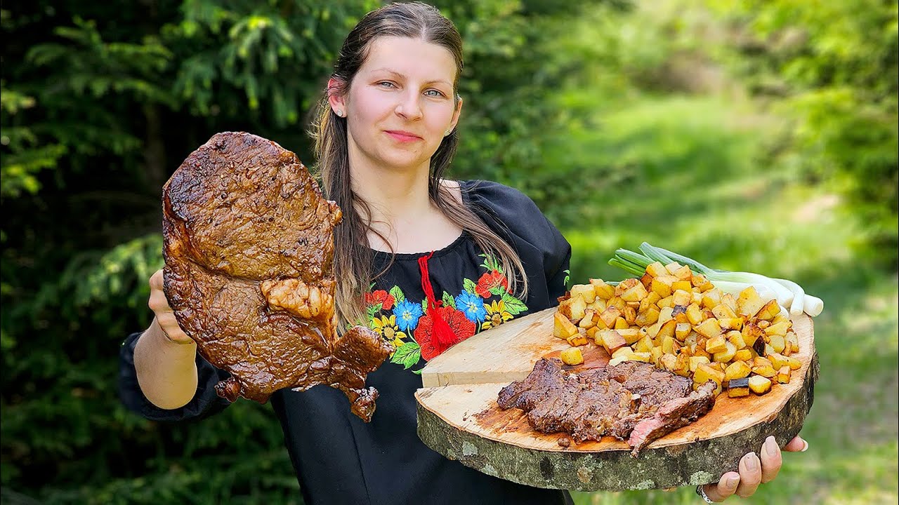 Country Girl Cooks Juicy Beef Steak Cooked in a Cast Iron Pan - YouTube