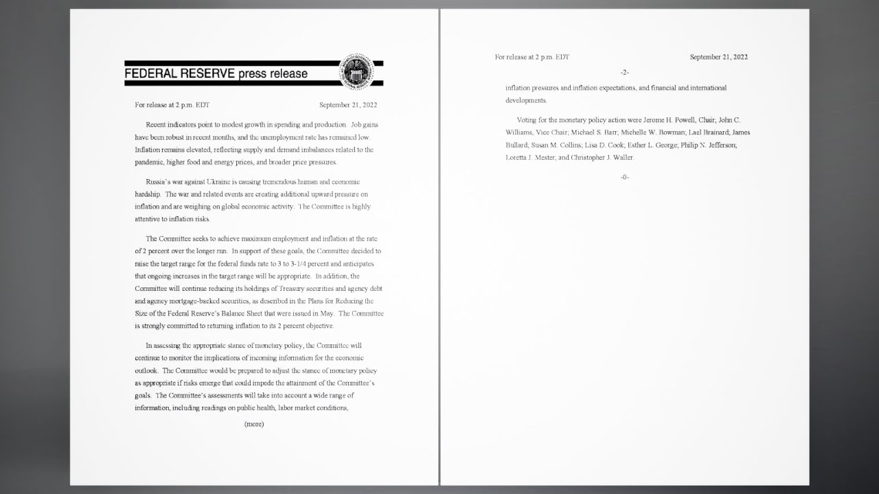 Federal Reserve issues FOMC statement - September 21, 2022 - YouTube