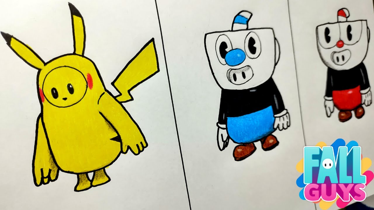DIBUJO FALL GUYS 2022 (PIKACHU, MUGMAN y CUPHEAD) DRAWING FALL GUYS ...