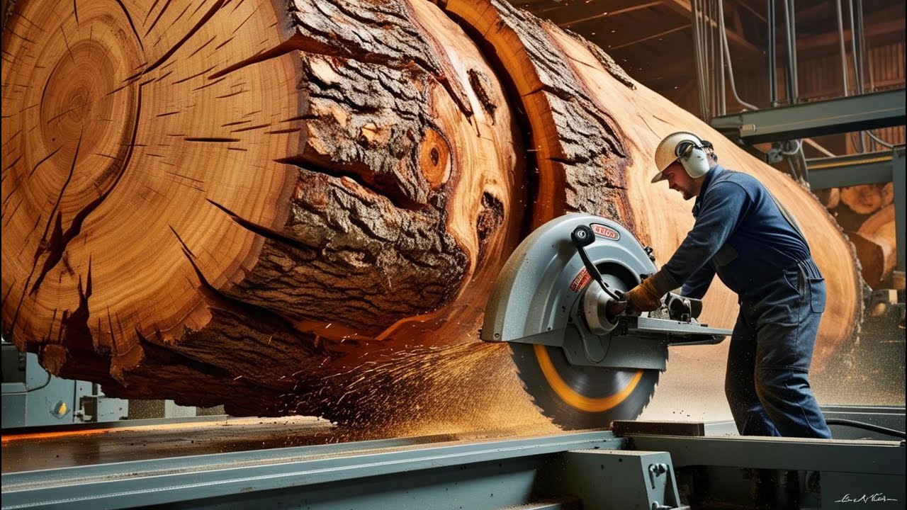 Agile !! Golden hands in the process of sawing wood on the bandsaw ...