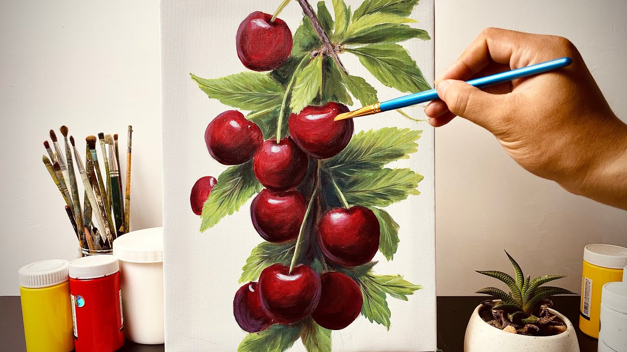 How to paint realistic cherry in acrylic / painting acrylic / Huy Hội ...