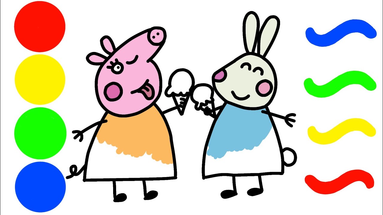 How to Draw Peppa Pig with Rebecca Rabbit Eating Ice Cream | Easy ...