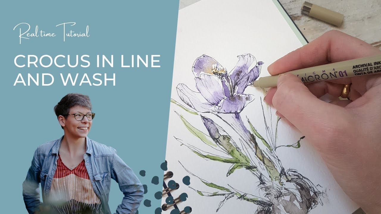Crocus in Line and Wash | Realtime | Fineliner and Watercolor - YouTube
