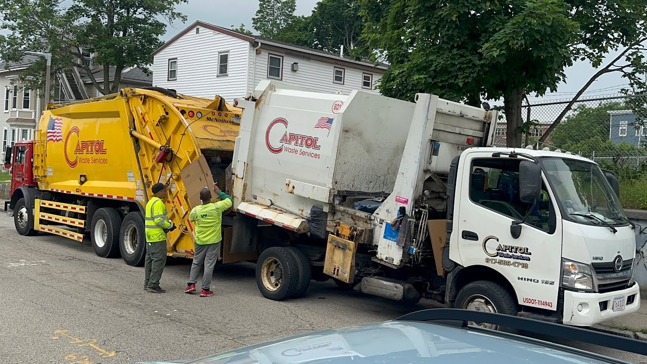 Mini Garbage Truck Dumping Into a McNeilus Rear Loader - YouTube