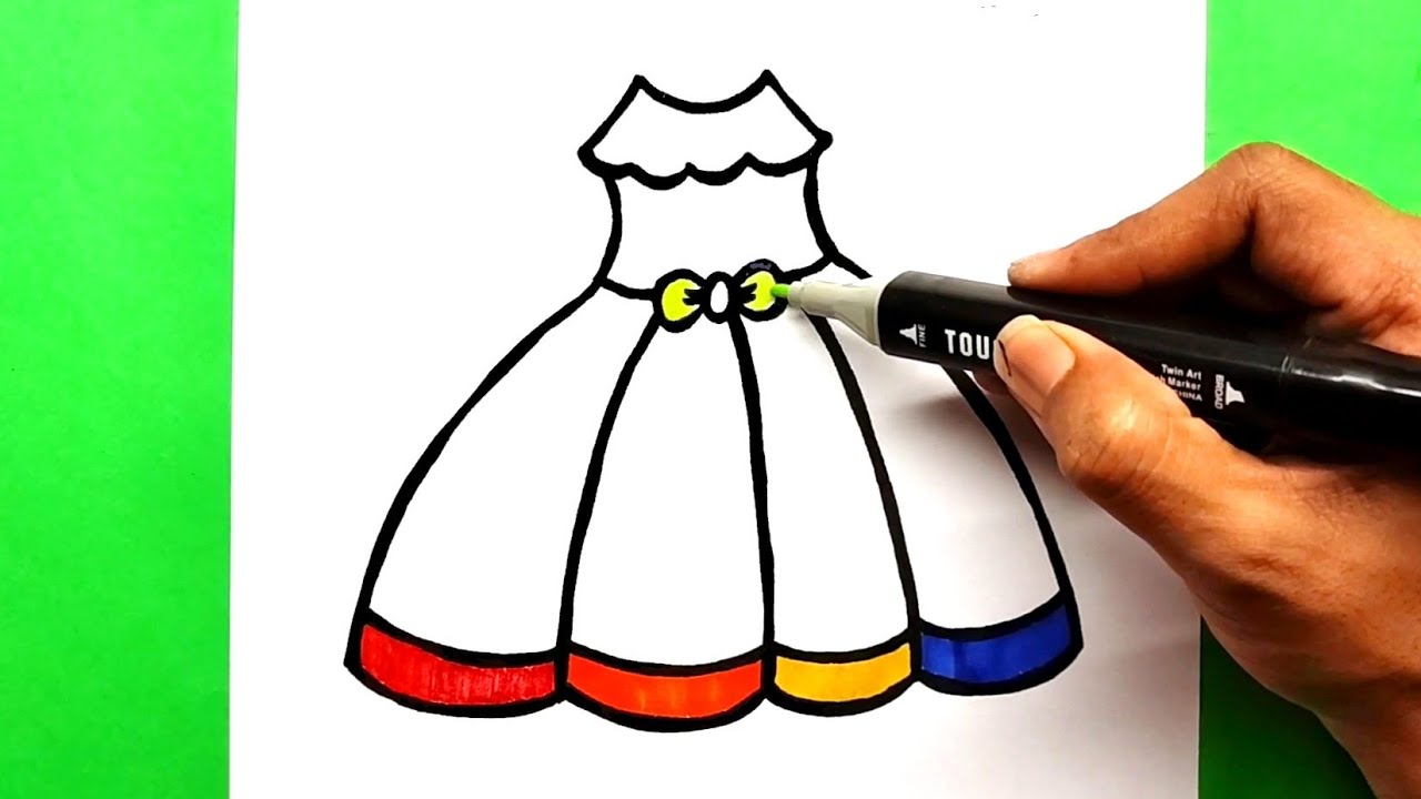 Cute Girl dress Drawing for beginners | Colour Drawing tutorial step by ...