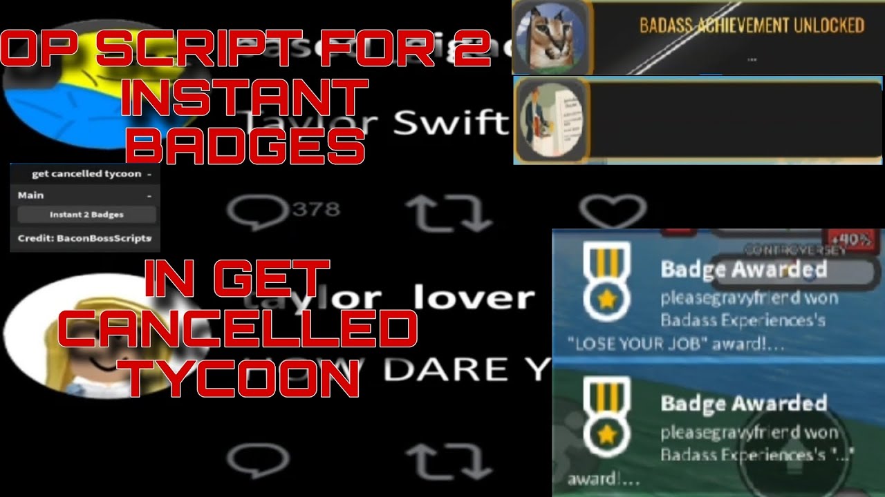 op script for 2 instant badges in get cancelled tycoon - YouTube