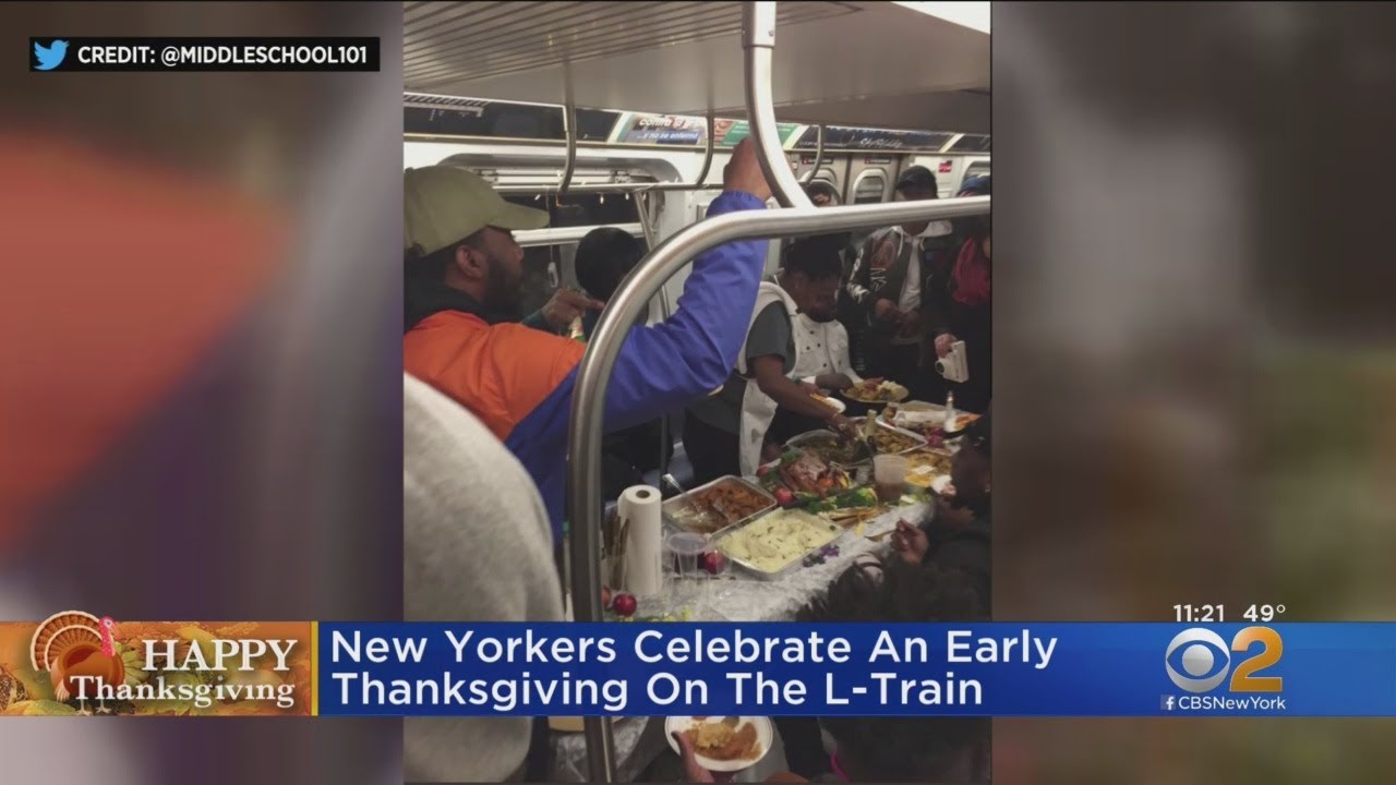 New Yorkers Celebrate Early Thanksgiving On The L-Train - YouTube