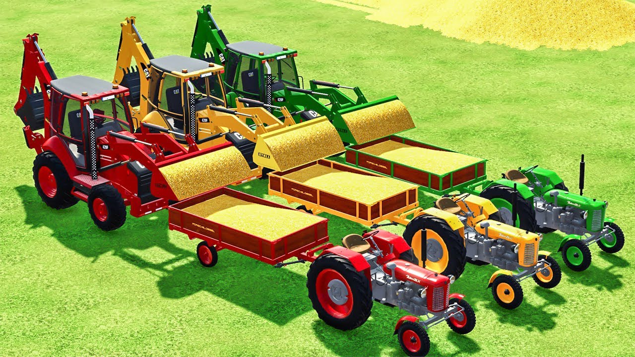 Work with Colors - CORN LOADING with CAT BACKHOE LOADERS w Mini Zetor ...