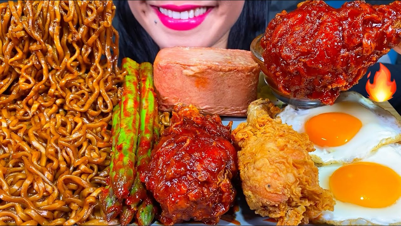 ASMR BLACK BEAN NOODLES, SPICY FRIED CHICKEN, SPAM, EGGS, KIMCHI ...
