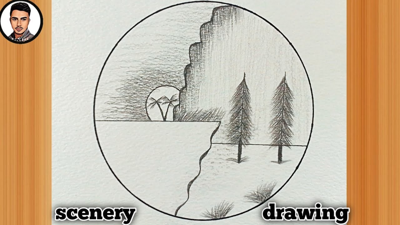 💚natural mountain and river drawing in circle drawing || pencil drawing ...