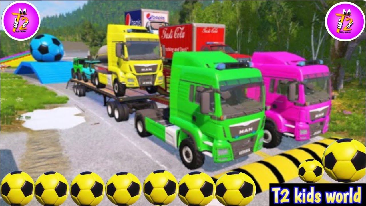Double flatbed Trailer Truck vs speedbumps |Tractor vs train vs cars ...