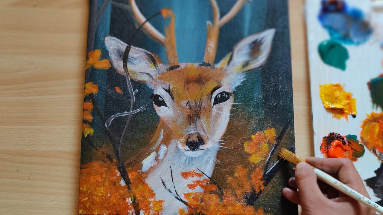 How to Draw Deer Painting Scenery on forest / Acrylic Painting for ...