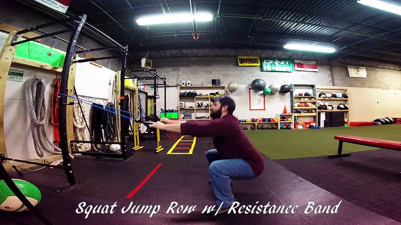 Squat Jump Row w Resistance Band - YouTube