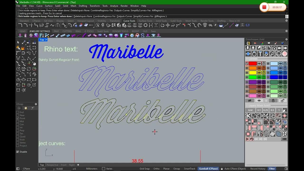Curve boolean of text object on Rhino (script Font) (solved) - YouTube