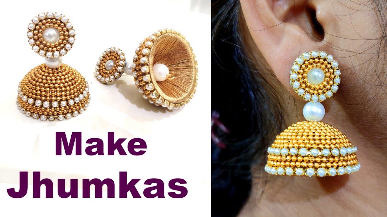 Make Beautiful golden jhumkas / How to make Thread Jhumkas At Home ...
