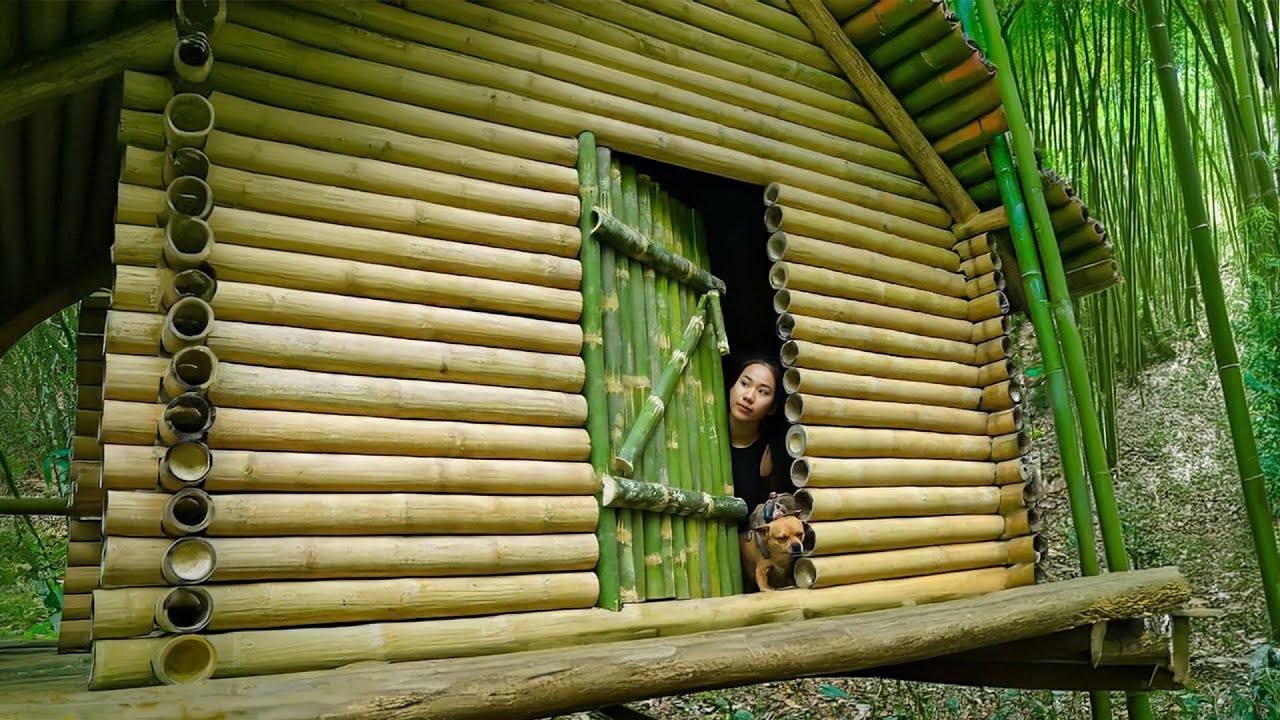 Finishing Bamboo Cabin - Making Doors - Steps and Planting Flowers ...