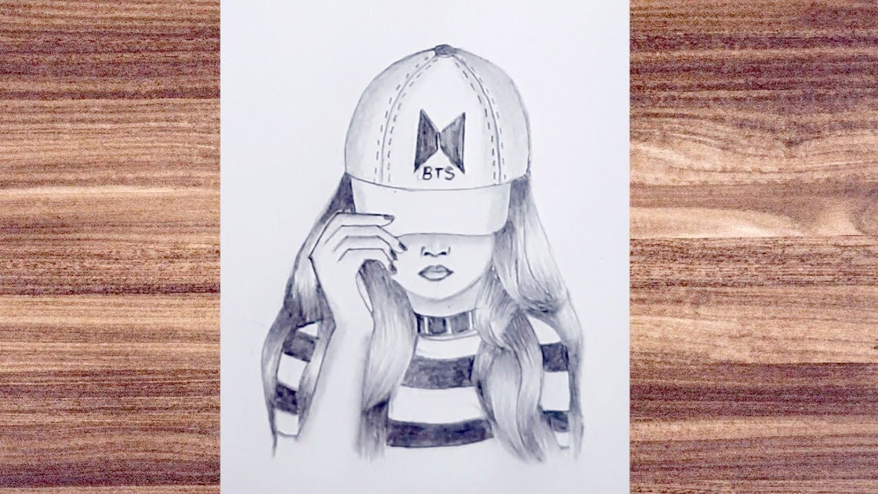 How to draw a girl with BTS cap // easy drawing for Beginners// girl ...