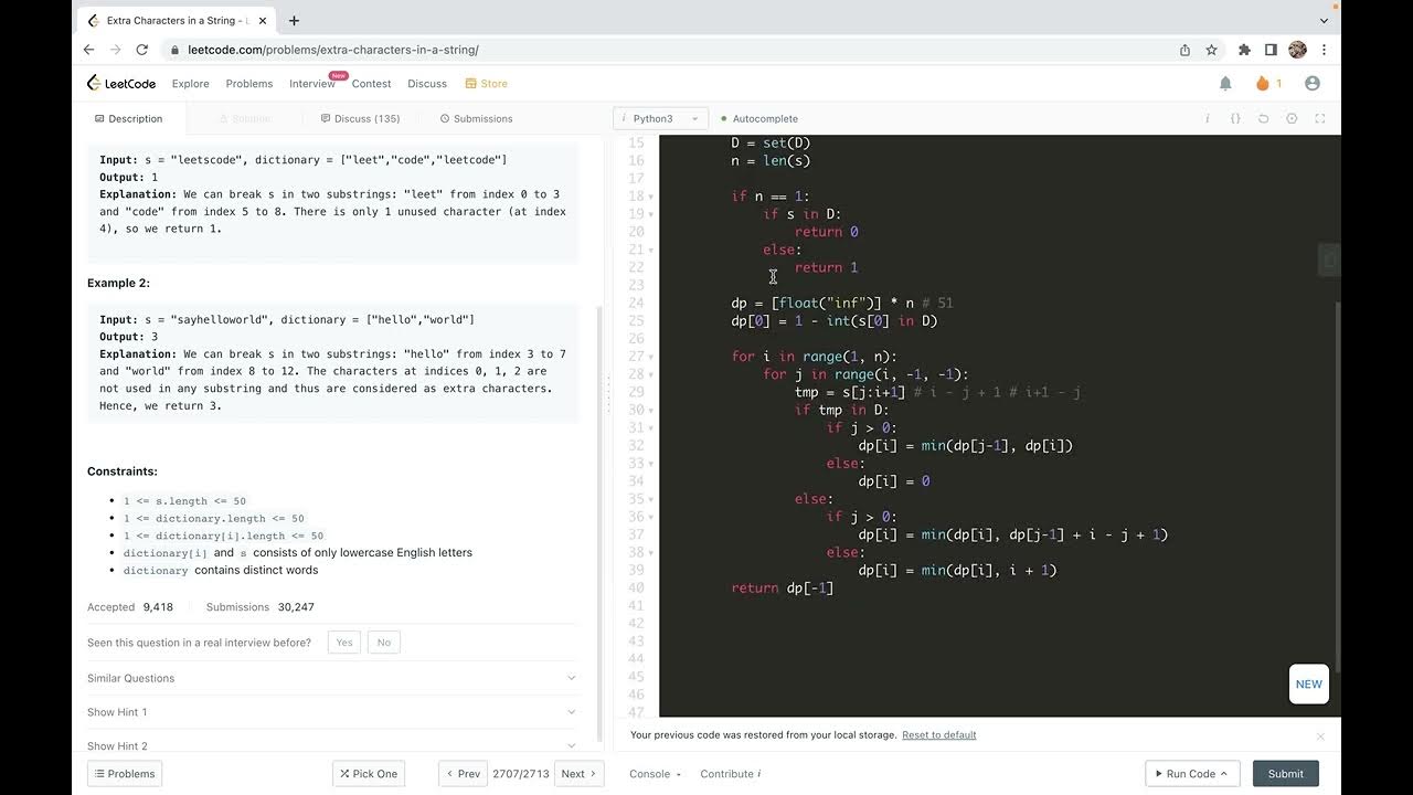 Leetcode 2707 Extra Characters In A String Dynamic Programming Youtube