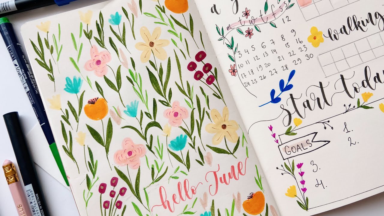 Hello June Journaling Spread - Flower drawing and calligraphy - YouTube