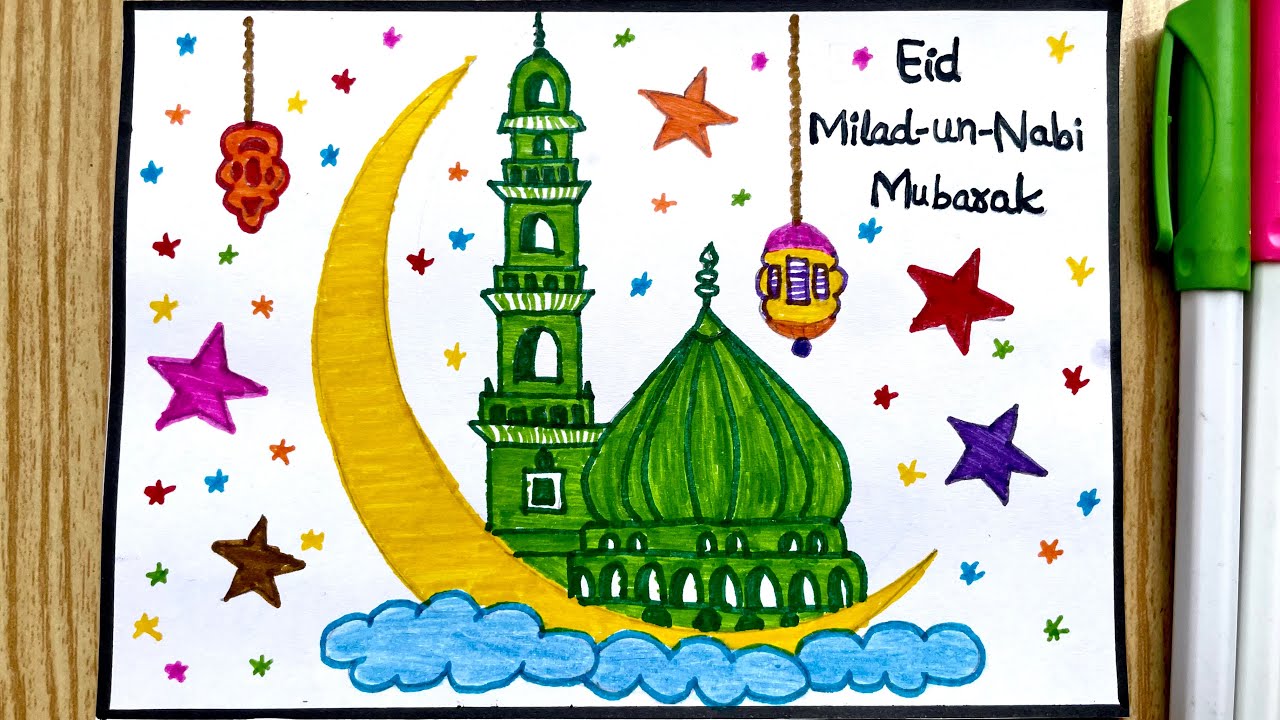 Eid Milad un Nabi Drawing Step by Step | 12 Rabi ul Awal Drawing Poster ...