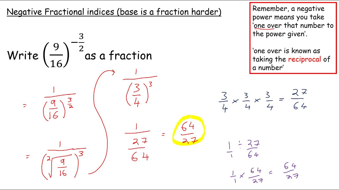 Indices - negative fractional indices where base is a fraction (harder ...