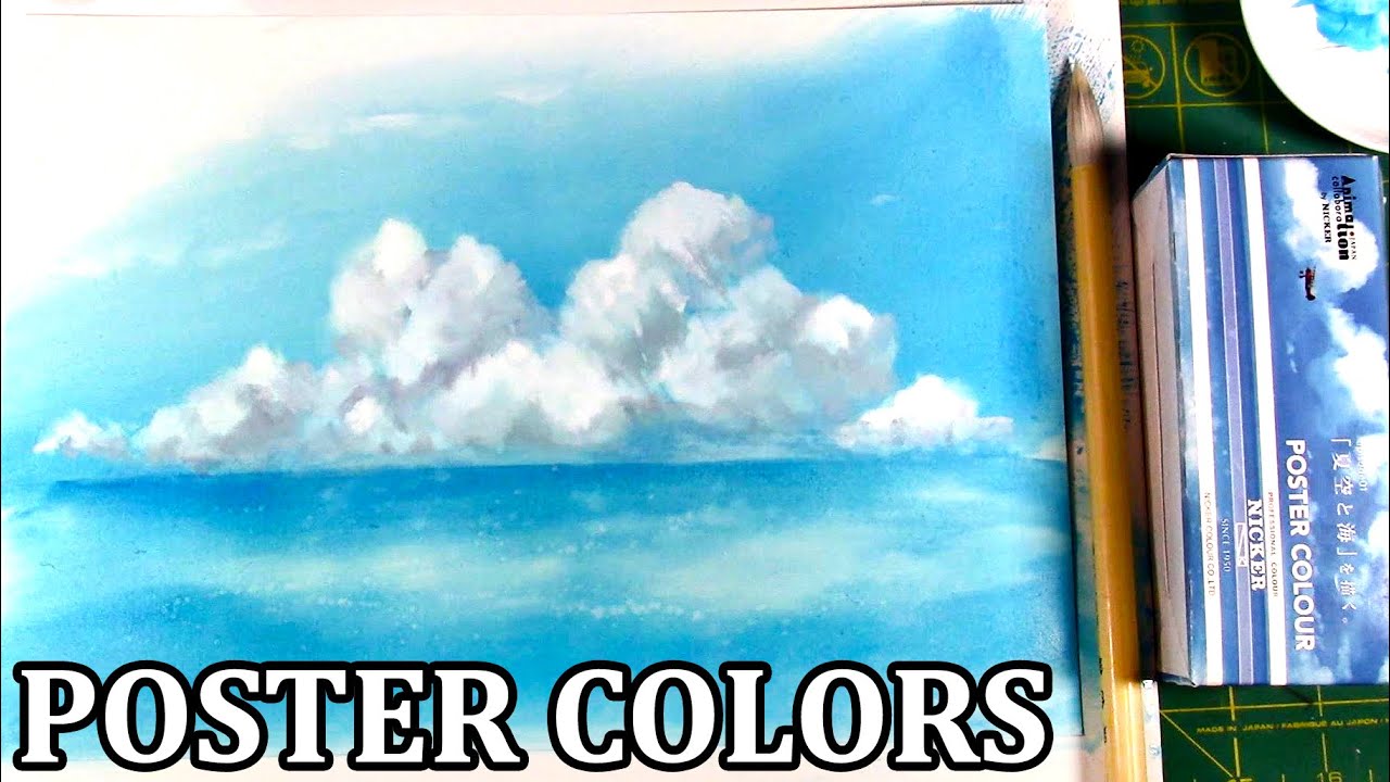 Clouds and ocean with NICKER POSTER COLORS // Seascape painting demo ...