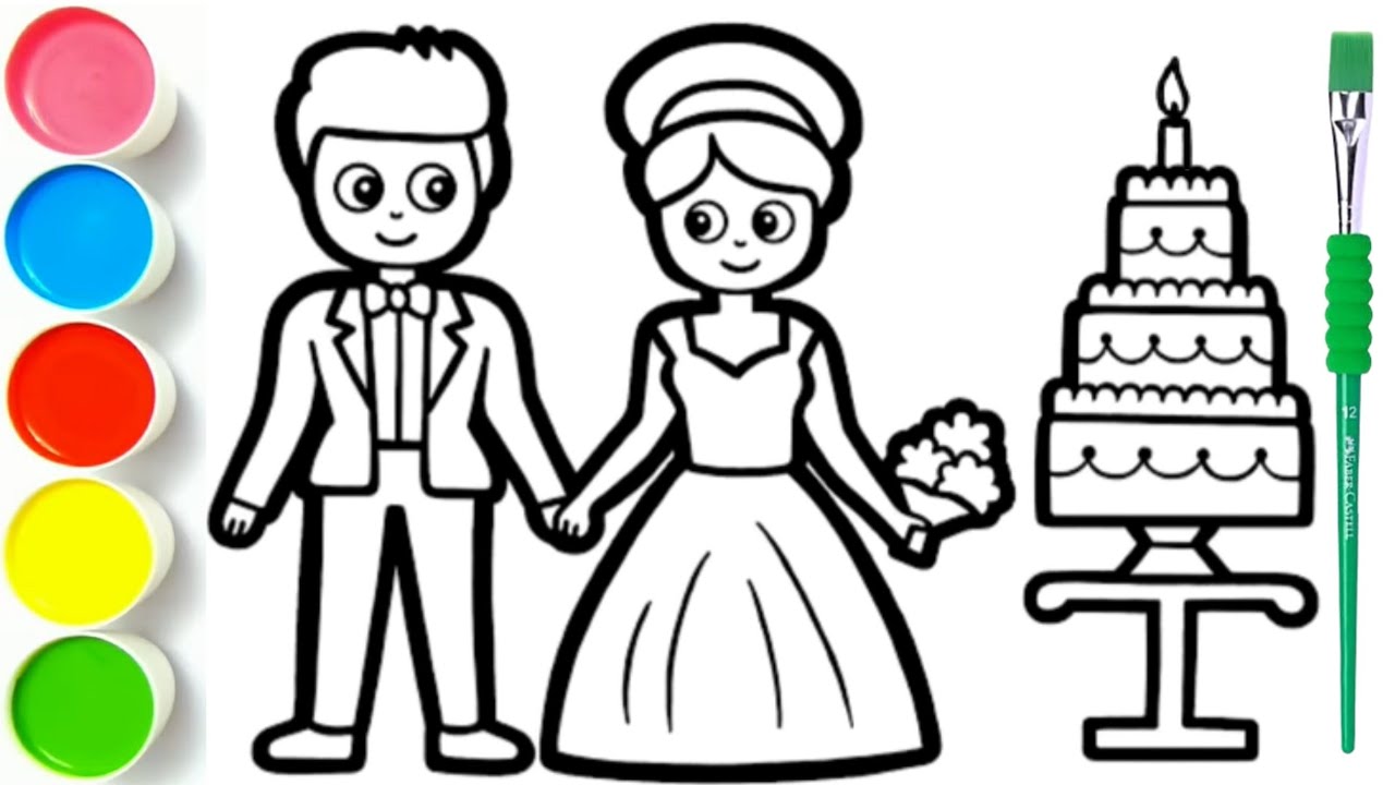 How To Draw Bride and Groom With Cake | Easy Bride and Groom Drawing ...