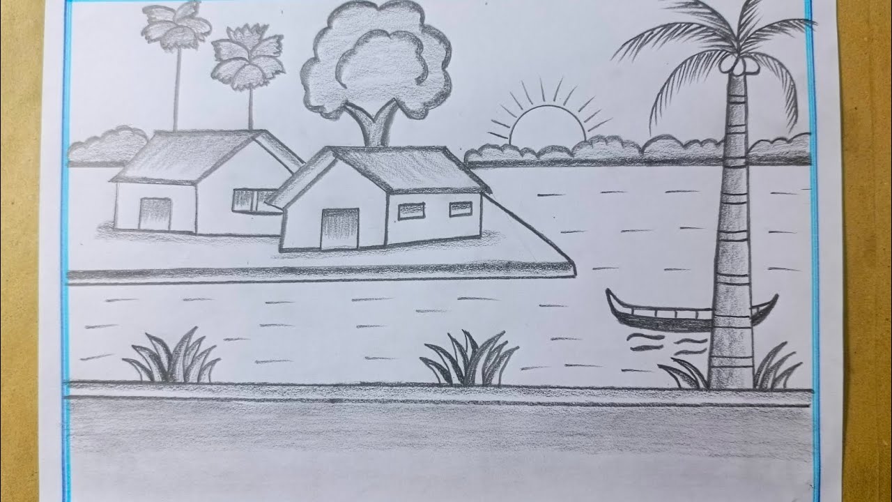 Village with River Scenery Drawing /Sketch /Scenery Drawing Easy ...