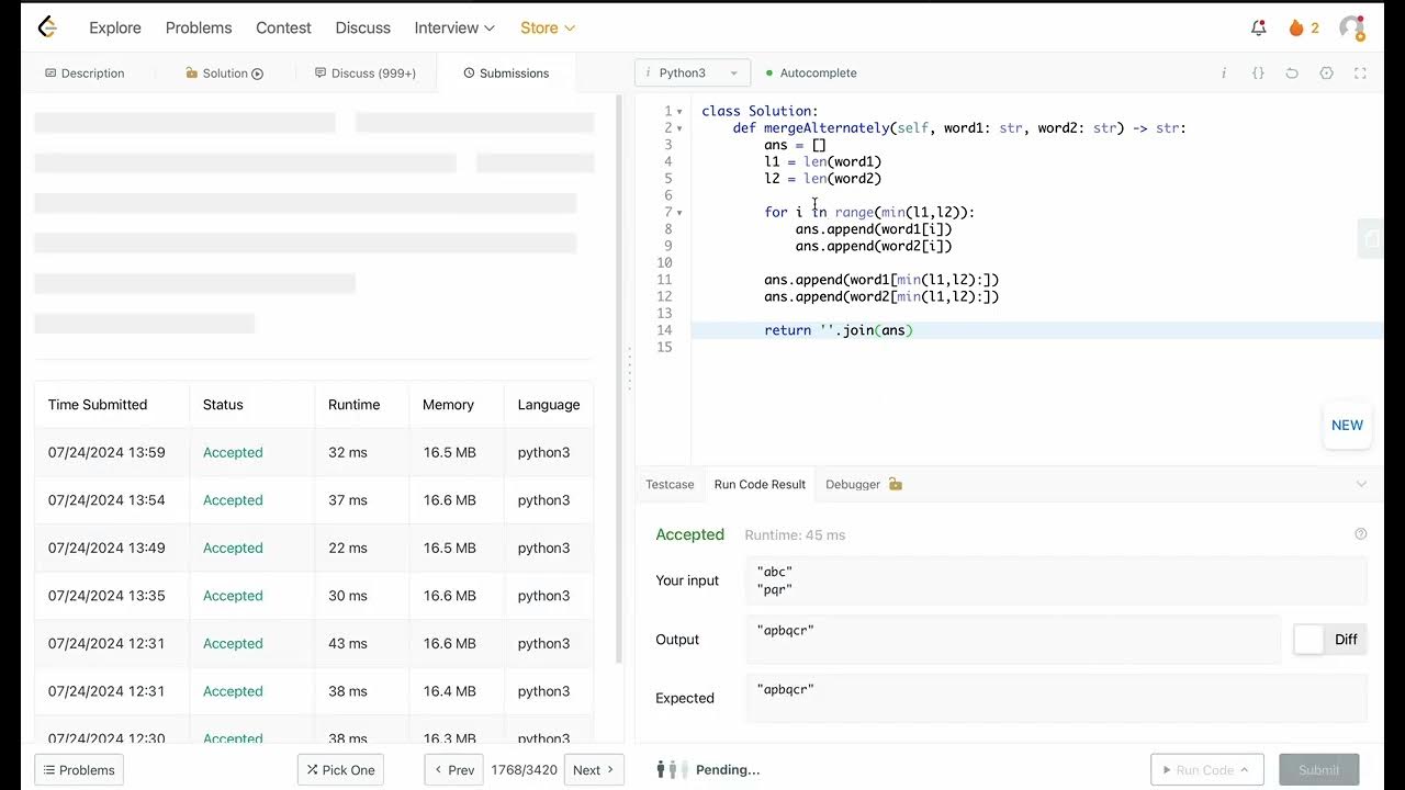 Leetcode 1768 - Merge Strings Alternately - Python - YouTube