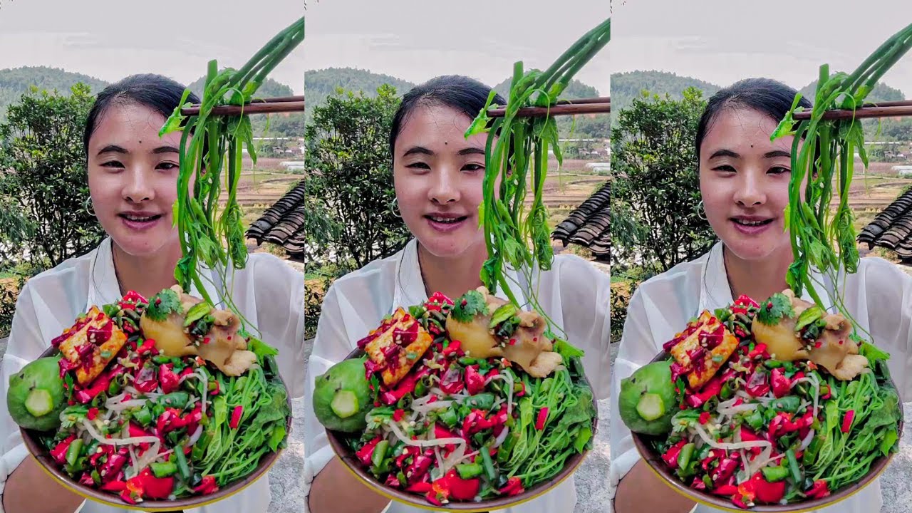 Chinese Rural Home Cooking: Eating Stir-fried Vegetables With Pork ...