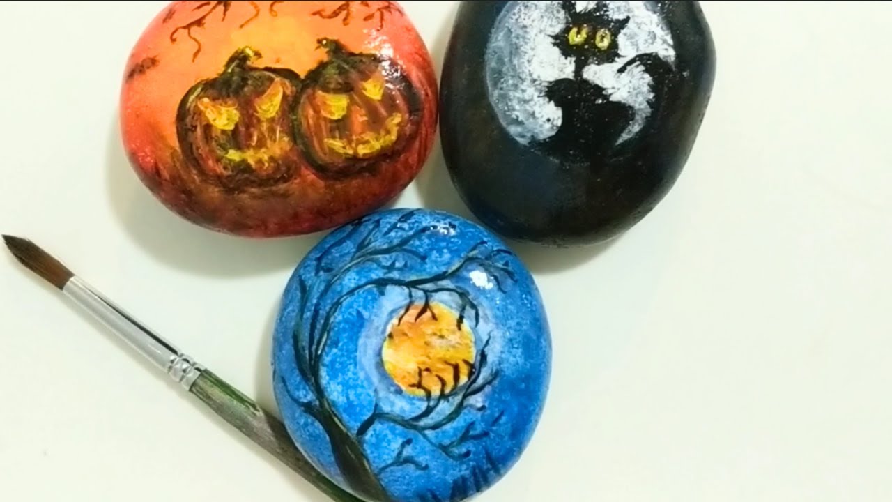 3 SPOOKY Rock Paintings| Halloween Rock Art Tutorial # ...