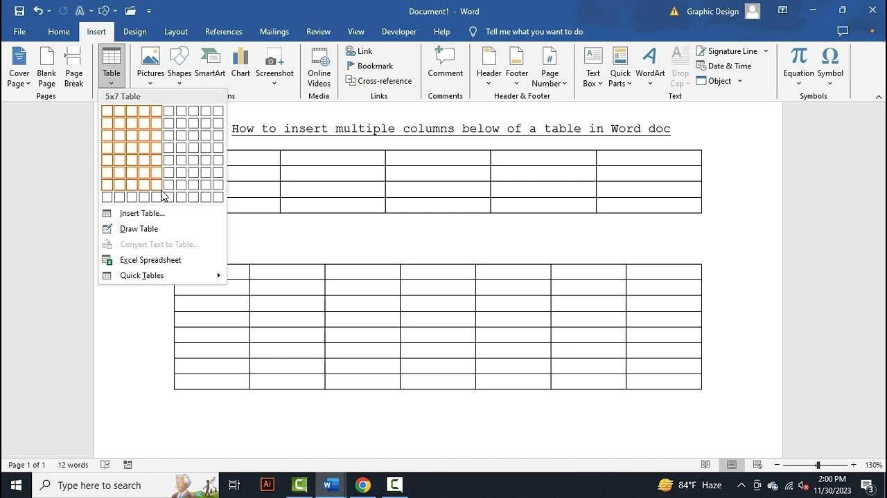 How to insert multiple columns below of a table in Word doc - YouTube