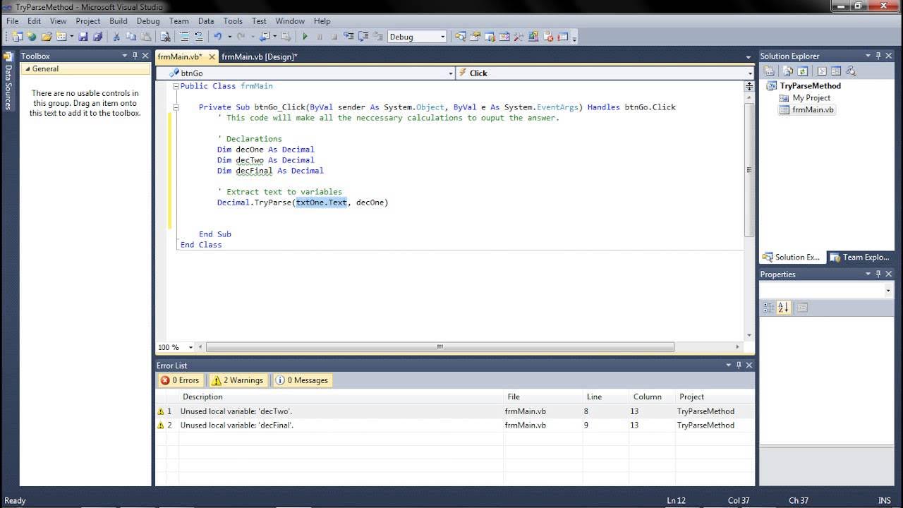 Visual Basic Programming Tutorial #5: TryParse, Declarations, and .ToString - YouTube