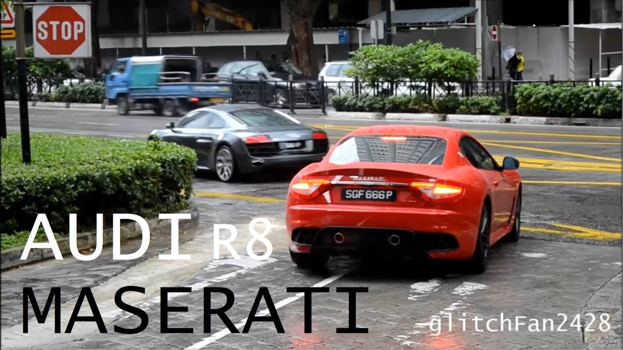 Maserati GranTurismo MC Stradale Startup and Depart with Audi R8 V10 ...